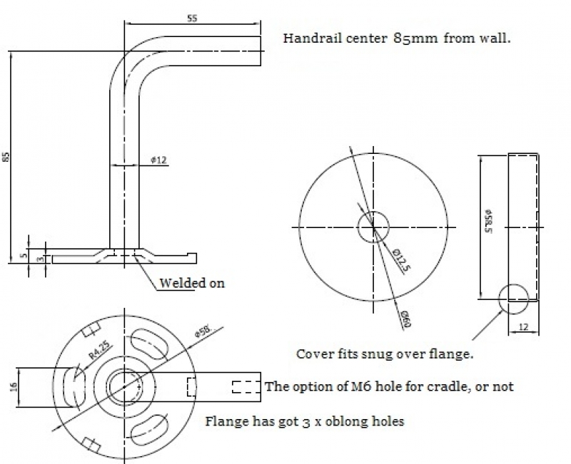 316 Wall handrail bracket. With cover. To weld onto handrail. Satin ...