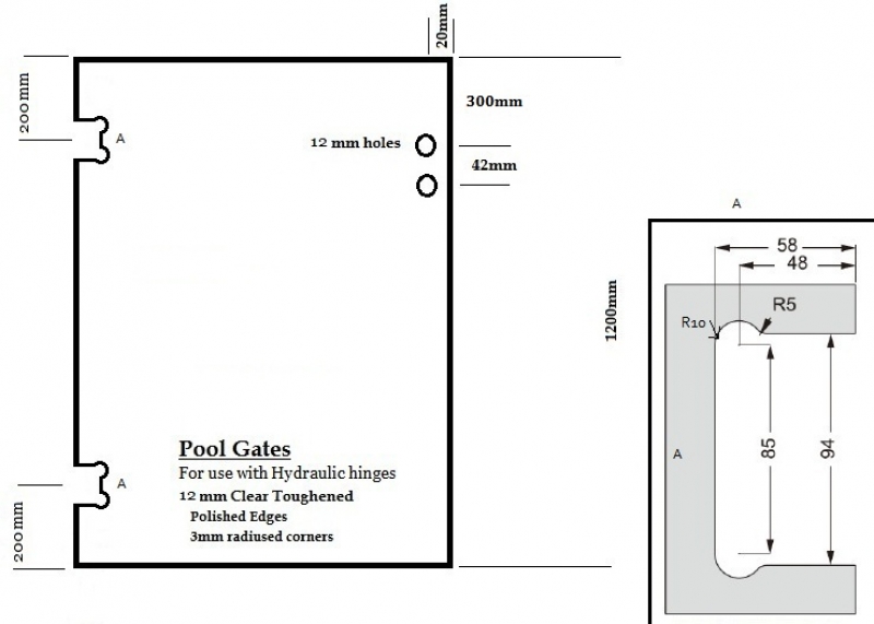 8mm Toughened glass pool gate 1200mm high x 900mm wide. 6 holes for ...