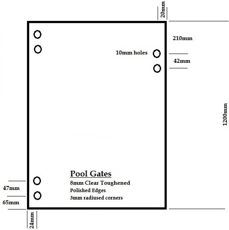 8mm Toughened glass pool gate 1200mm high x 900mm wide. 6 holes for ...